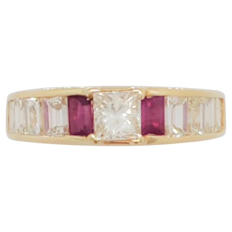 Estate White Diamond and Ruby Baguette Band Ring in 18k Yellow Gold at ...