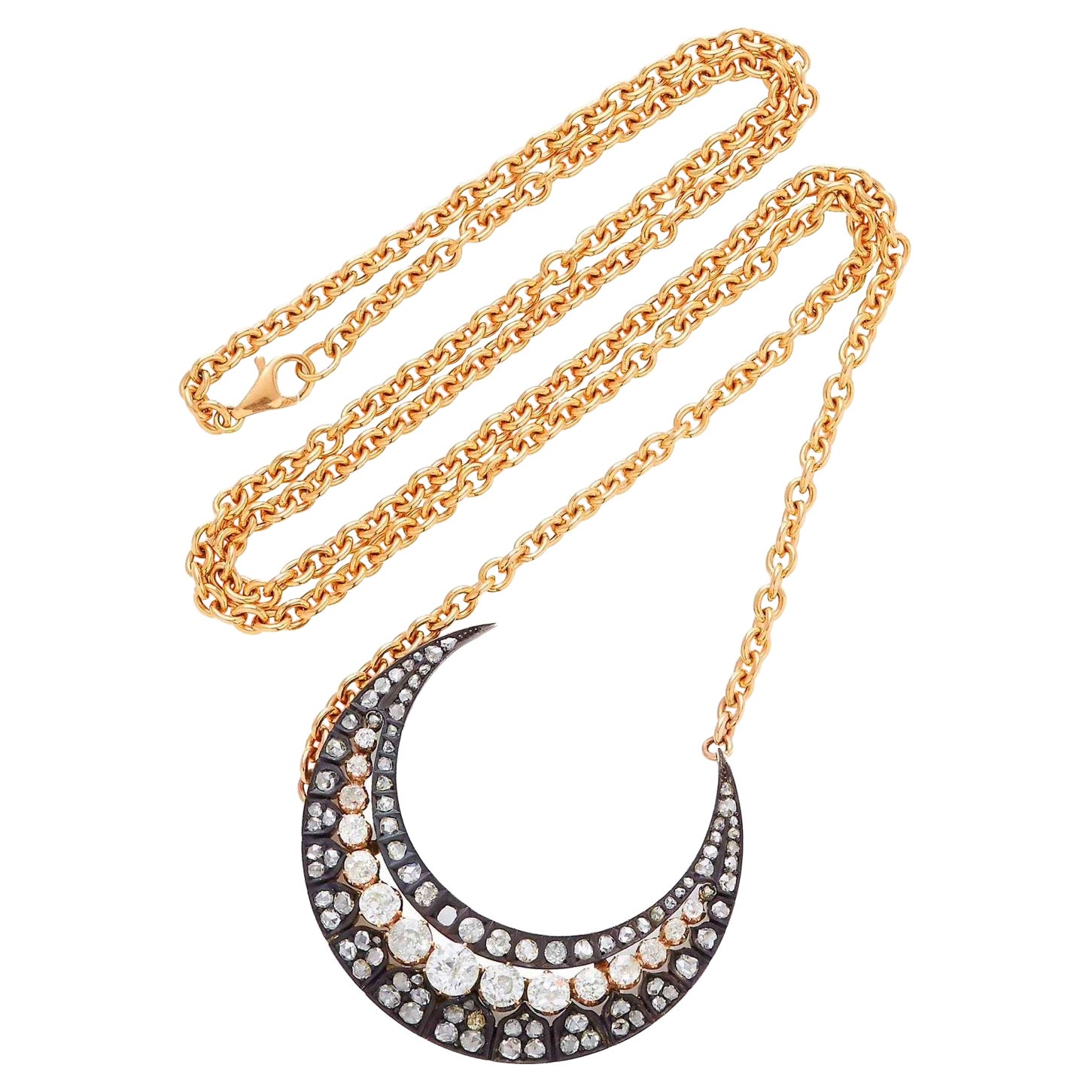 Rose Gold and Platinum Diamond Crescent Pendant at 1stDibs