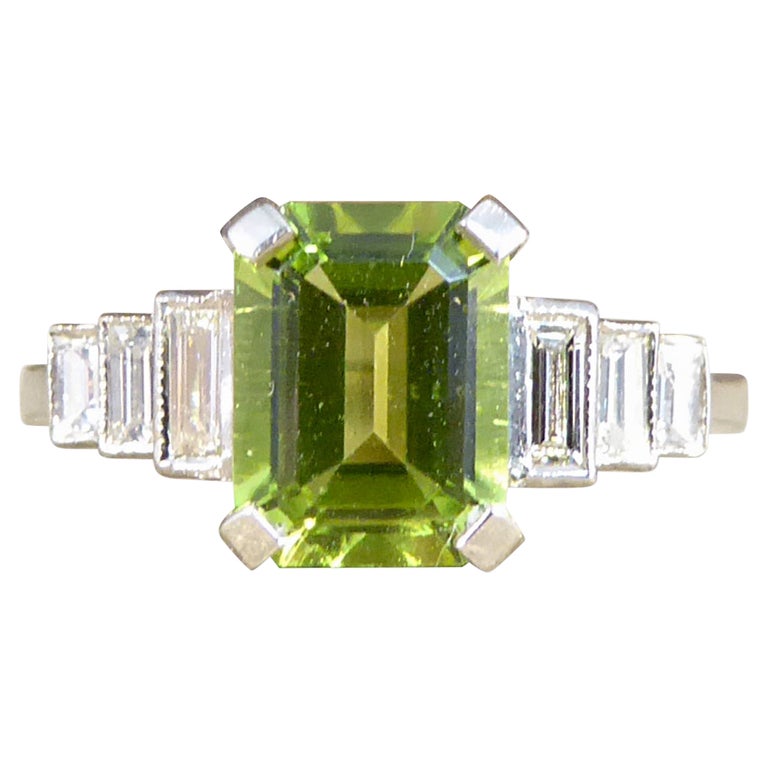 1.60ct Peridot Ring with Baguette Diamond Shoulders in Platinum at 1stDibs