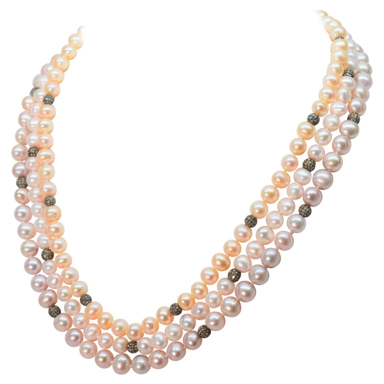 Triple Strand Blush Pearls w Diamond Silver Enhancements For Sale at ...