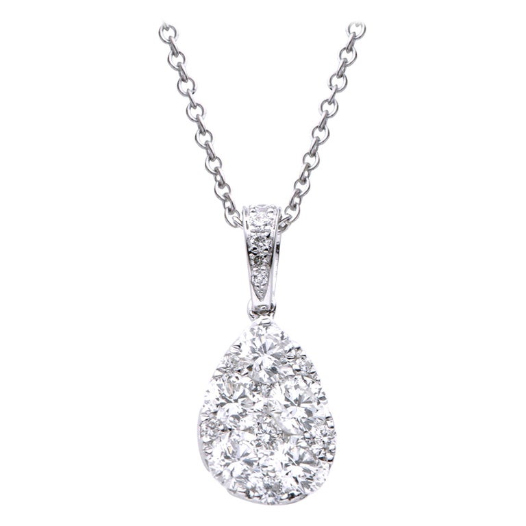 14K White Gold Drop Shape Diamond Cluster Pendant with Chain For Sale ...