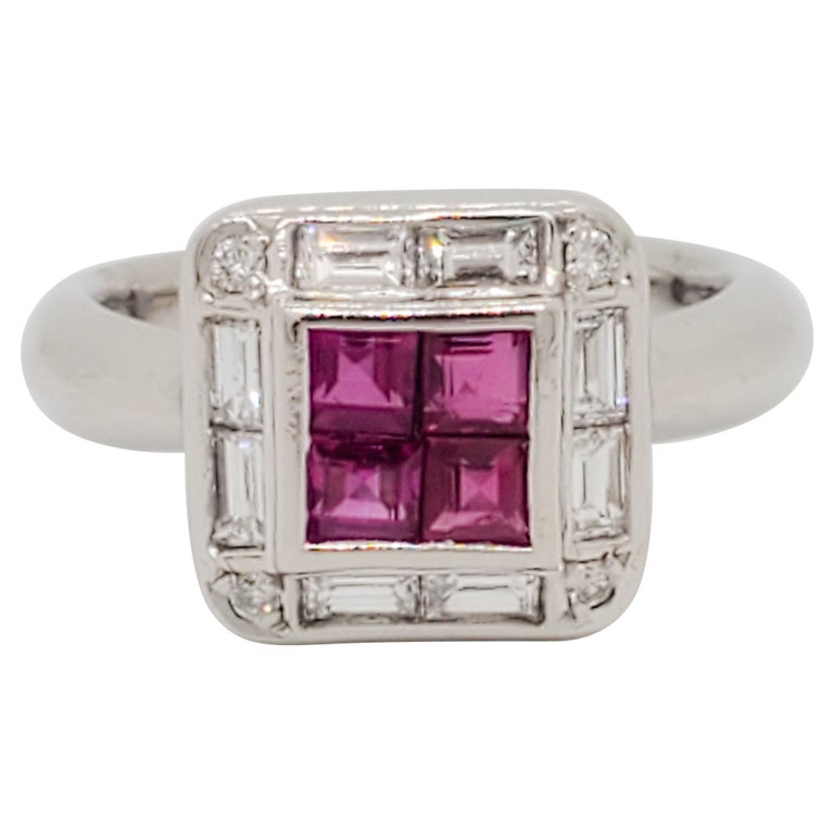 Ruby Square and White Diamond Ring in Platinum For Sale at 1stDibs