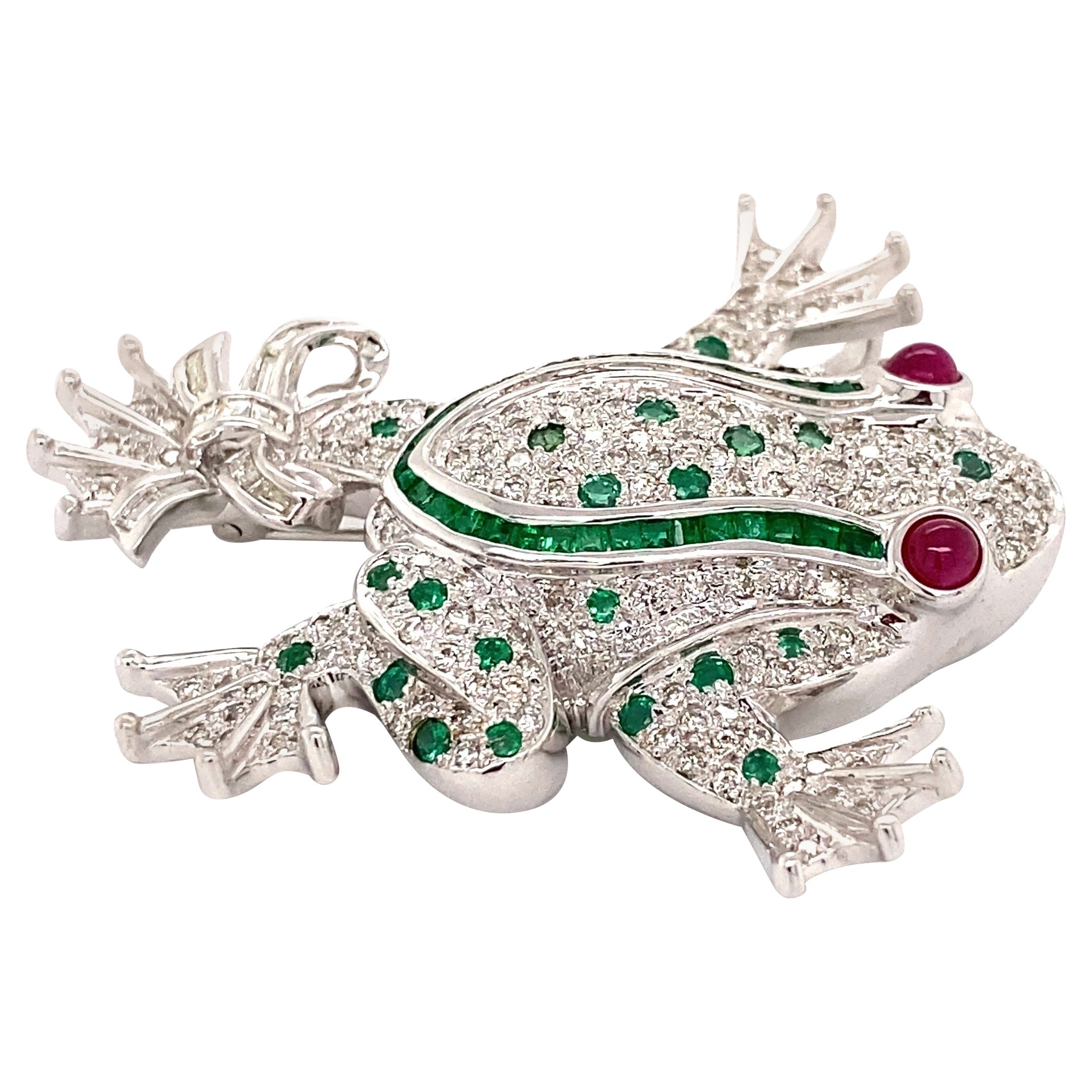 Diamond and Emerald Frog with Ruby Eyes Gold Brooch Pin Estate Fine ...