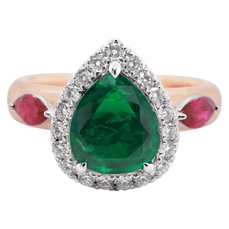 1.05 Carat Vivid Green Emerald Flanked by Ruby Marquise Matt Finish 18K ...
