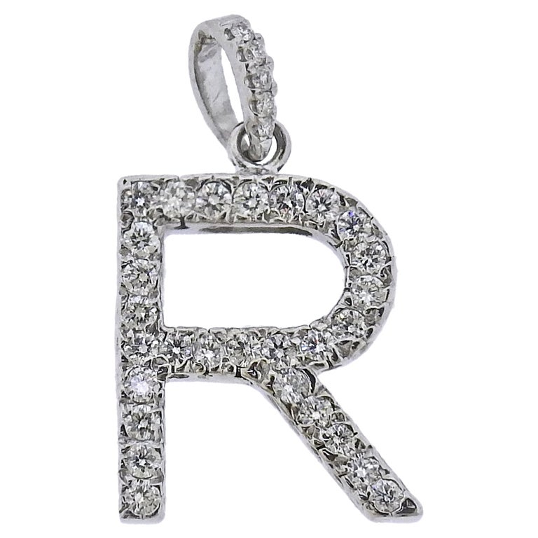 Diamond White Gold Letter R Initial Pendant Charm For Sale at 1stDibs