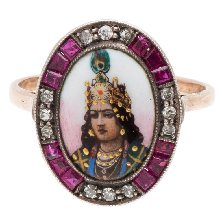Antique Indian Rose Gold Krishna Ring with Rubies and Diamonds at ...