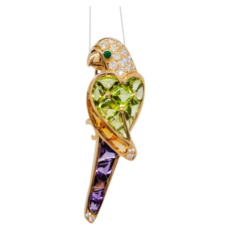 Piaget Amethyst, Peridot, and White Diamond Parrot Brooch in 18k Yellow ...