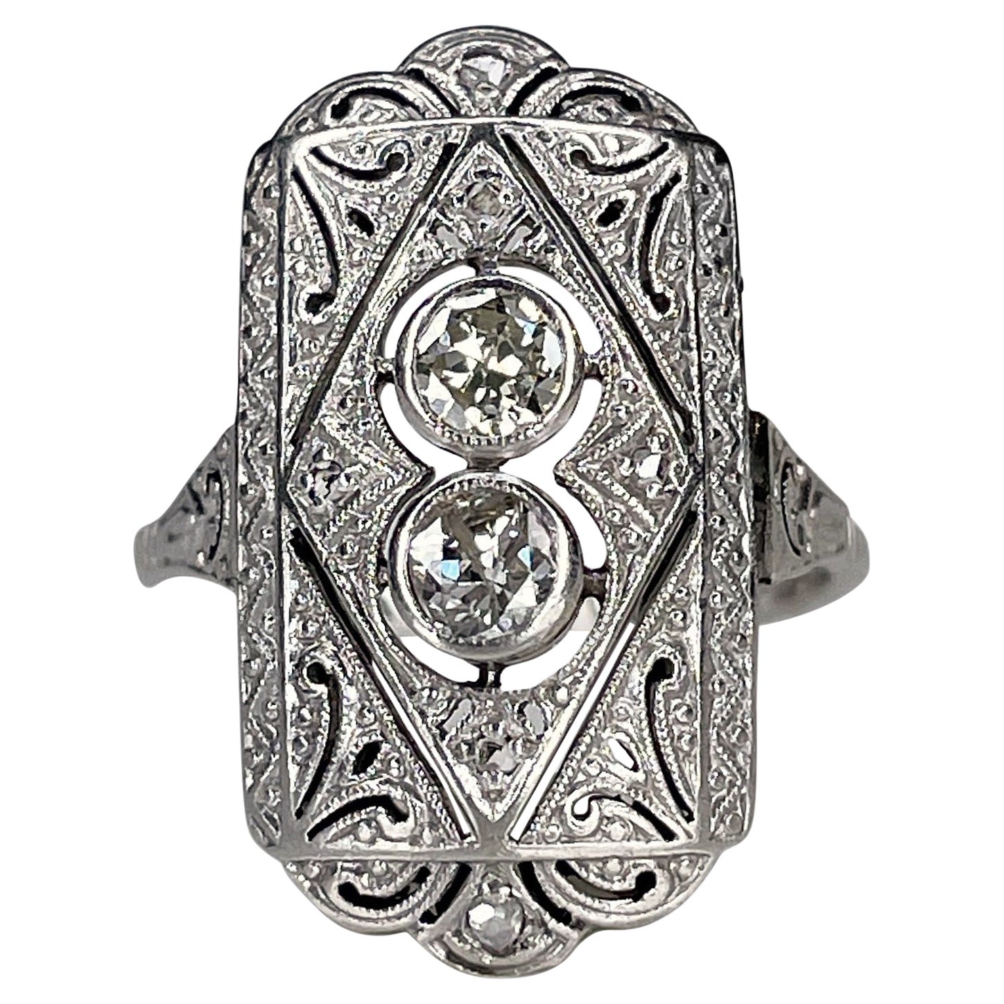 Art Deco Rectangle 14K White Gold Diamond Filigree Ring at 1stDibs