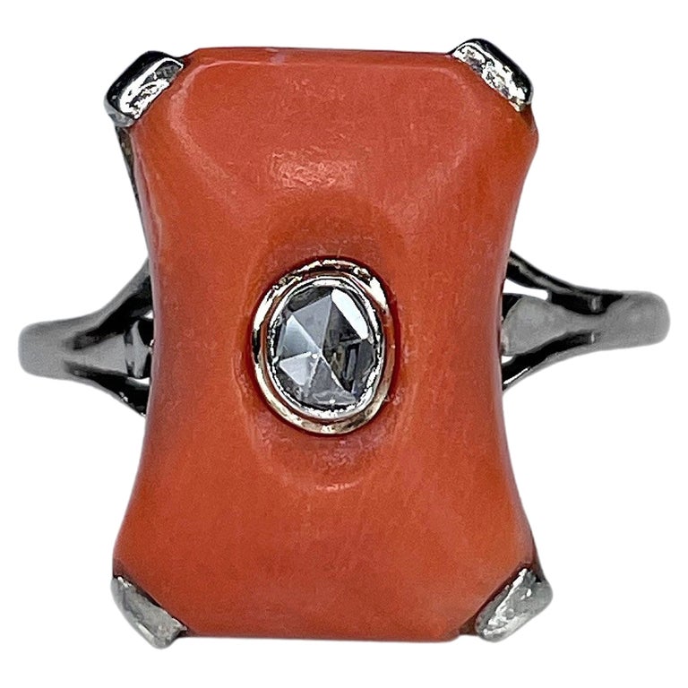 Antique Victorian 18 Karat Gold Coral 0.05 Carat Rose Cut Diamond Rectangle Ring For Sale at 1stDibs