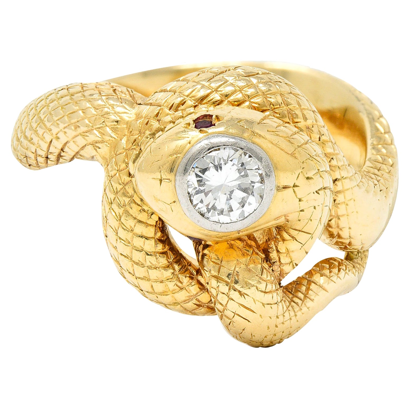1920s Rosecut Ruby Diamond Gold Snake Ring For Sale at 1stDibs