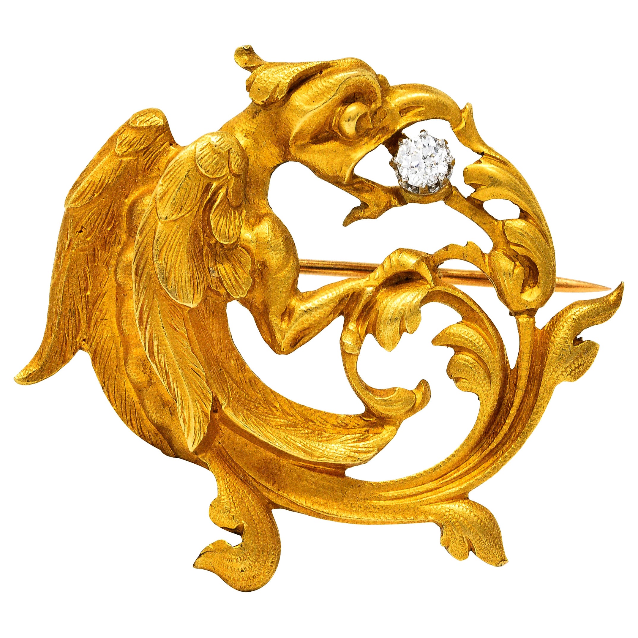 French Art Nouveau Diamond 18 Karat Gold Basilisk Pendant Brooch For ...