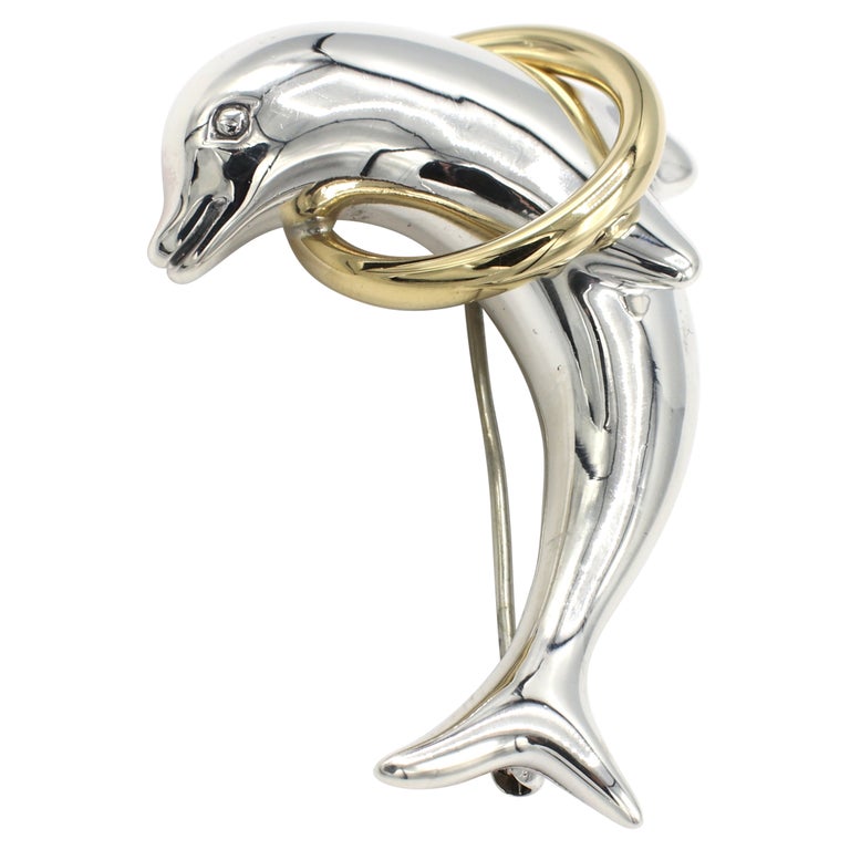 Tiffany and Co. Dolphin Sterling Silver and Yellow Gold Pin Brooch at ...