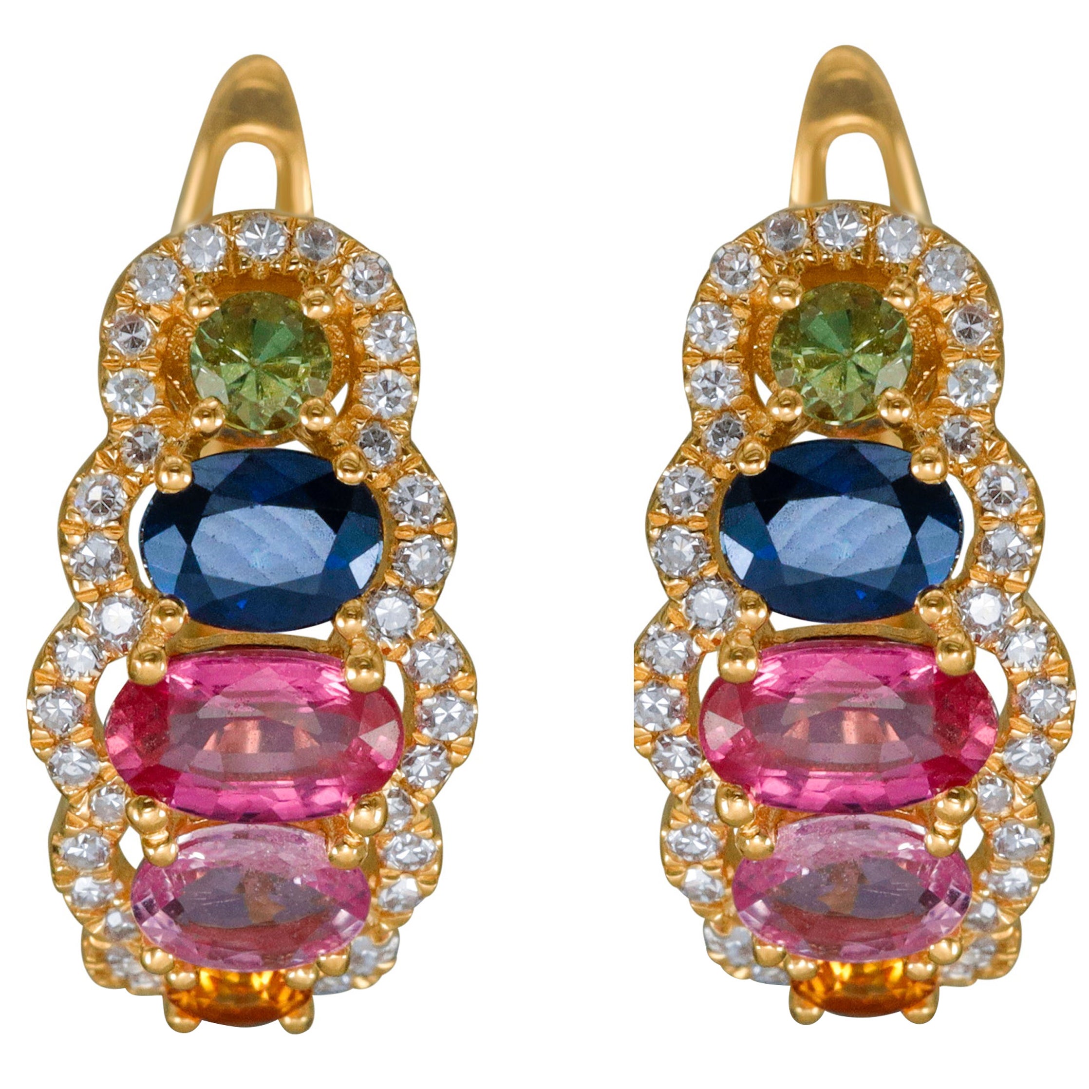 14K White Gold Multicolor Sapphire and Diamond Earrings For Sale at 1stDibs