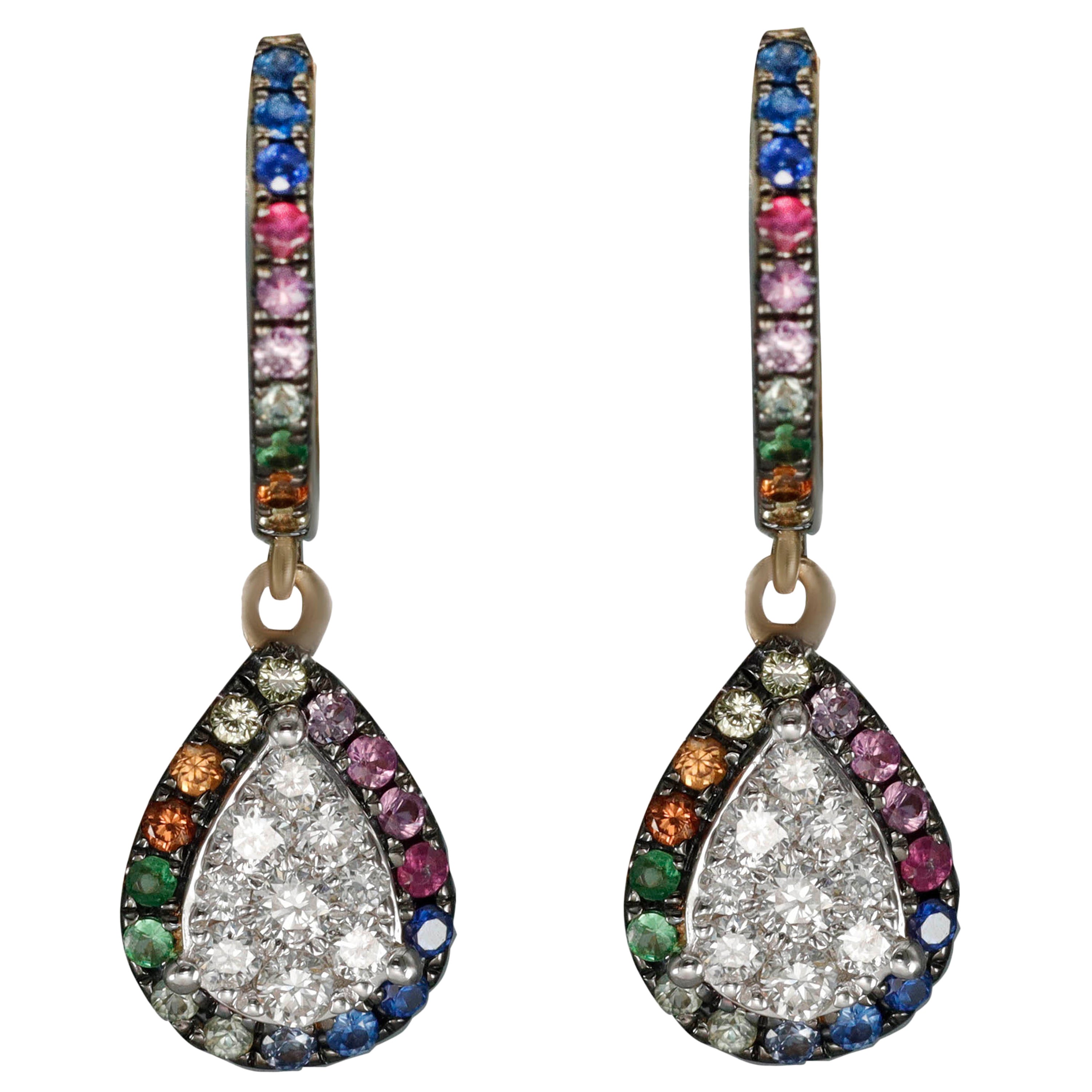 14K White Gold Multicolor Sapphire and Diamond Earrings For Sale at 1stDibs