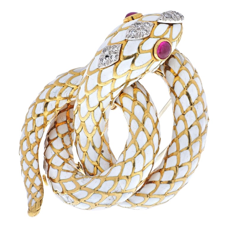 David Webb Gold Coiled Snake Serpent with Ruby Eyes Brooch at 1stDibs