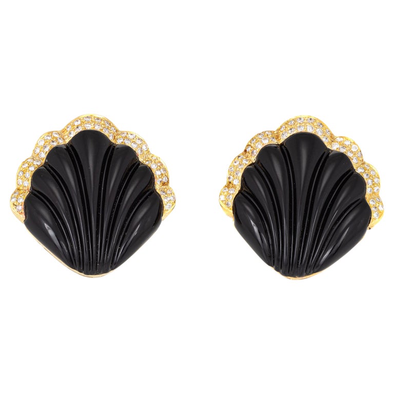 Fluted Onyx Diamond Shell Earrings Vintage 18k Yellow Gold Large ...