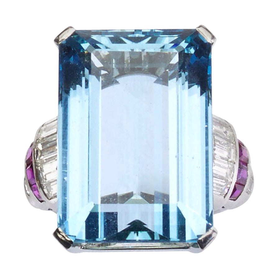 Aquamarine, Diamond and Ruby Ring For Sale at 1stDibs