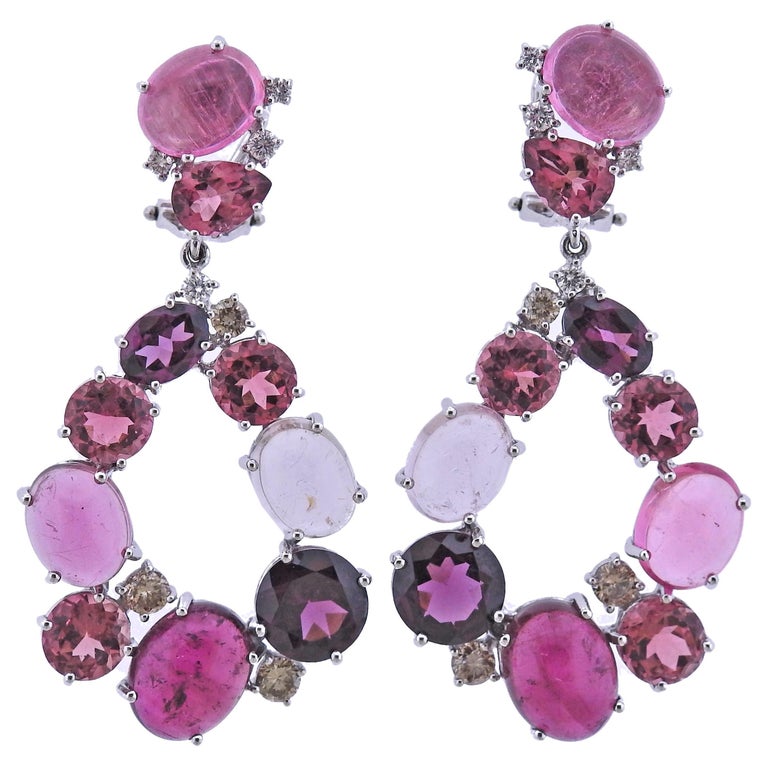 Bucherer Gold Diamond Tourmaline Rhodolite Drop Earrings at 1stDibs