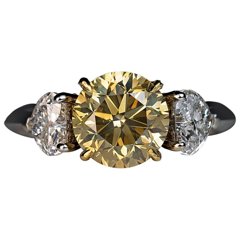2.50 Carat Fancy Color Diamond Gold Three Stone Engagement Ring at 1stDibs