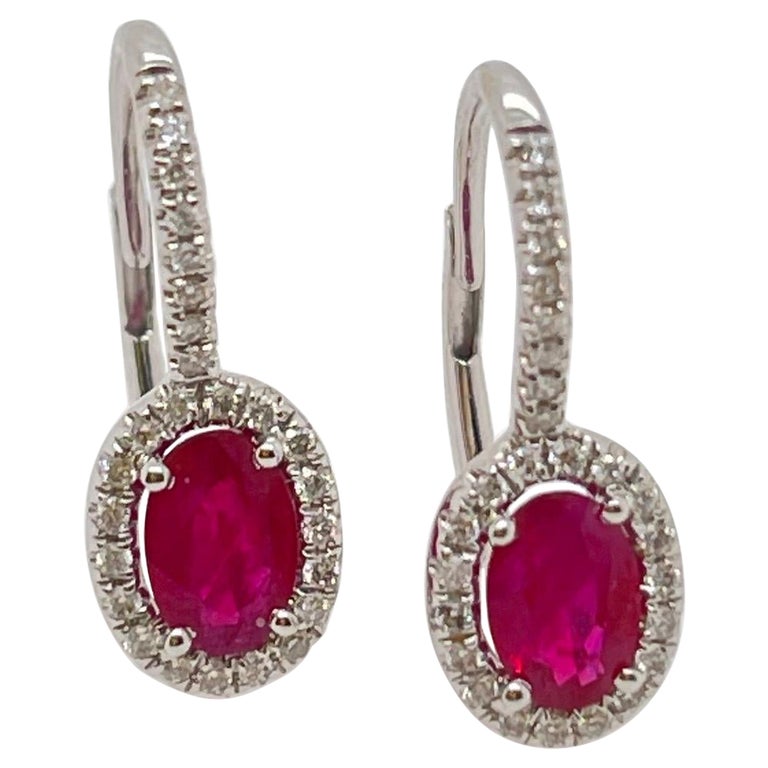 White Gold Oval Shaped Ruby and Diamond Drop Earrings For Sale at 1stDibs