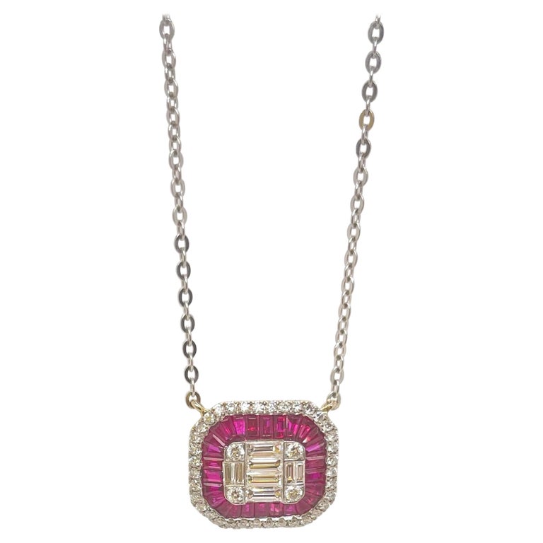 Ruby and Baguette Diamond Pendant Necklace For Sale at 1stDibs