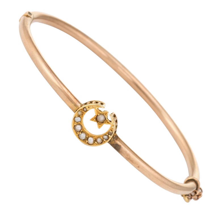 Antique Victorian Bangle Bracelet Crescent Moon Star 10k Rose Gold Fine ...