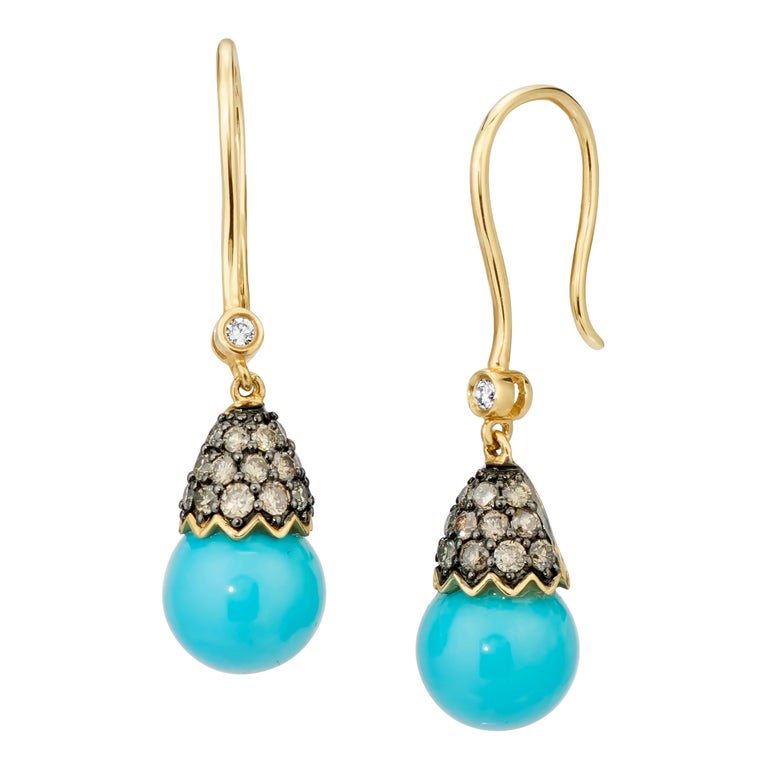 Carlo Viani Earrings 10 1 4 Cts Turquoise Chocolate Diamonds Set 14k