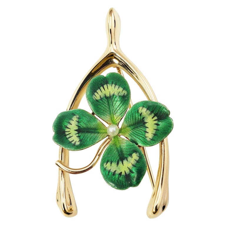 14 Karat Yellow Gold and Enamel Shamrock Wishbone Brooch/Pin at 1stDibs