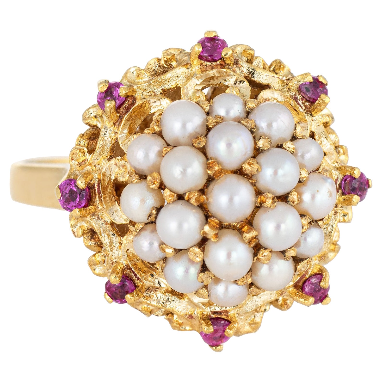 Vintage Mikimoto 14 Karat Gold Pearl and Ruby Cocktail Cluster Ring ...