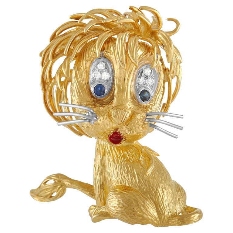 Cartier 18K Yellow Gold Diamond and Sapphire Cat Brooch at 1stDibs