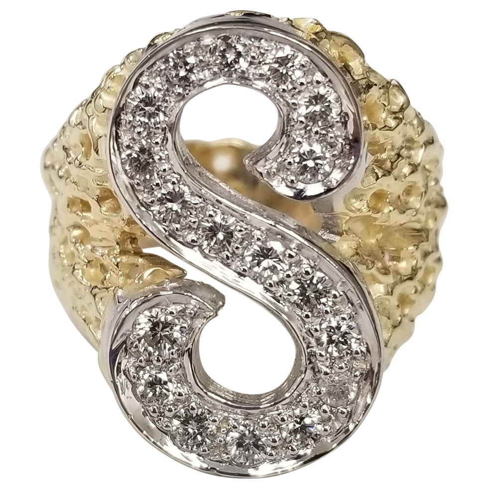 Vintage 1970's 14k Yellow Gold Nugget Diamond Initial "M" Ring For Sale at 1stDibs