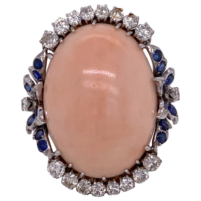 1950's Angel Skin Coral Diamond Sapphire Cocktail Ring 18KWG Adjustable ...