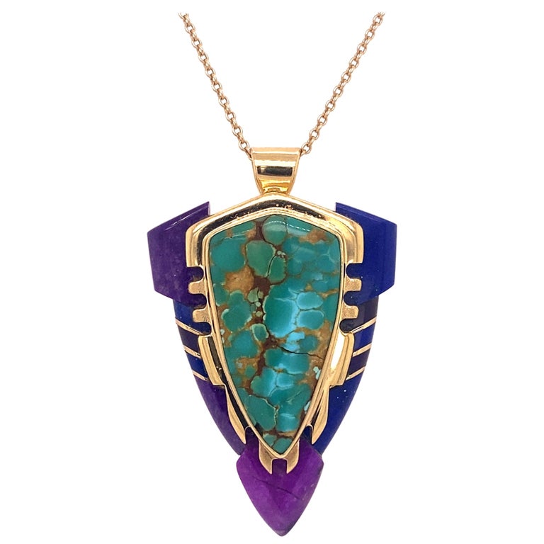 Vintage Raoul Sosa Sante Fe Artist Turquoise Hardstone 14K Gold Pendant ...