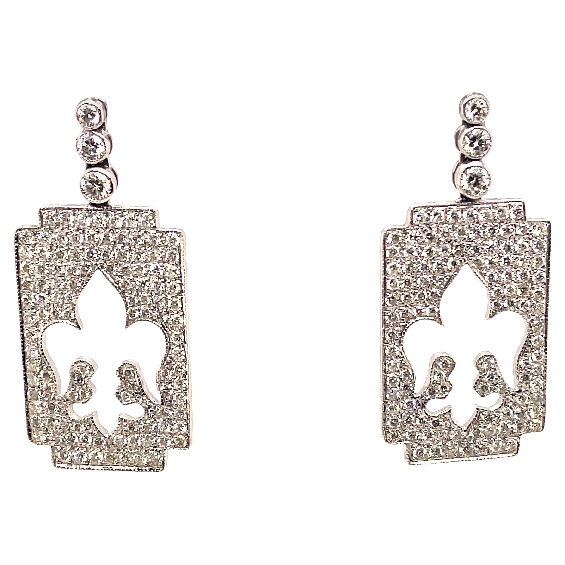 Fleur De Lis Turquoise Diamond Dangle Earrings Vintage 14 Karat White