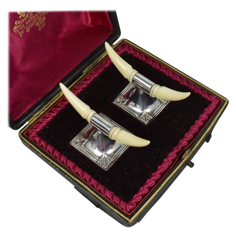 Edwardian Sterling Silver Viking Horn Shaped Knife Rests in Box For ...