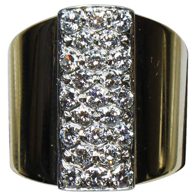 Brilliant Cut Pave Diamond Rectangle Gold Band Ring at 1stDibs