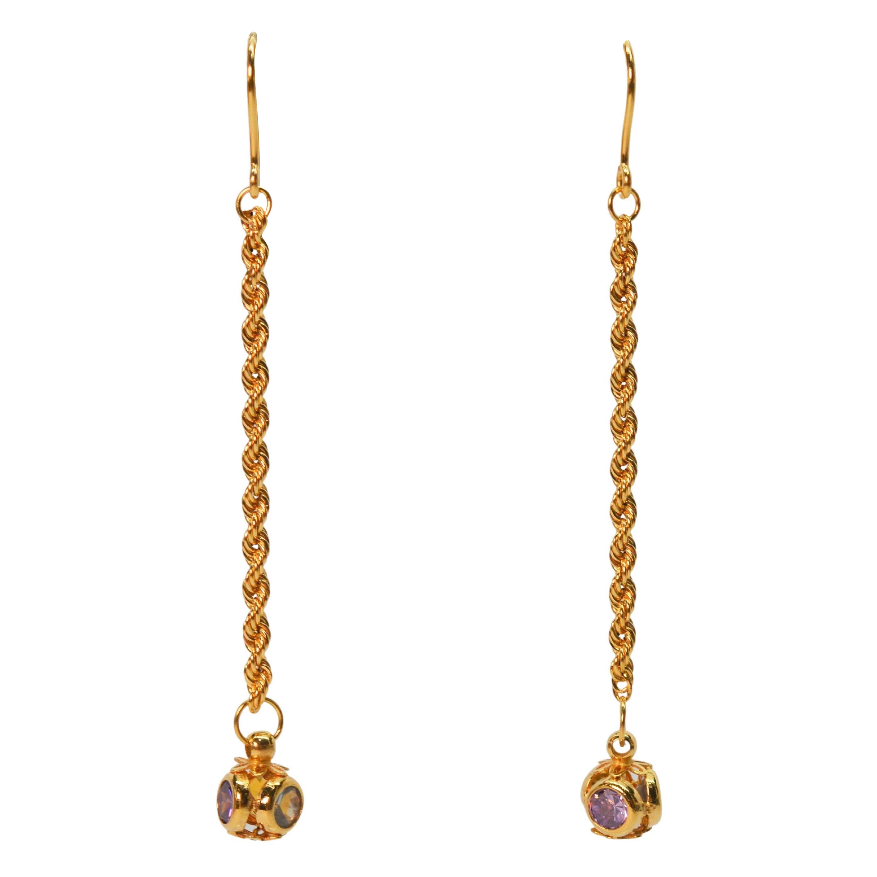 14 Karat Yellow Gold Drop Chain Earrings w Colored Stone Accents at 1stDibs