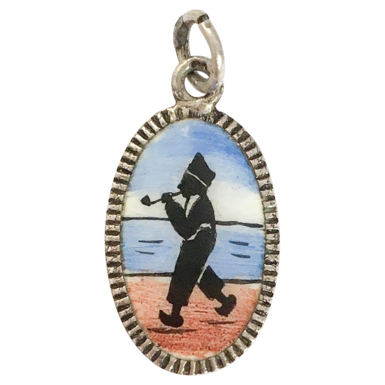 Vintage Enameled Beachcomber Silver Charm Pendant For Sale at 1stDibs