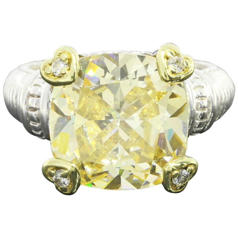 Judith Ripka Cushion Canary Crystal Yellow Accent Silver Gold Ring at ...