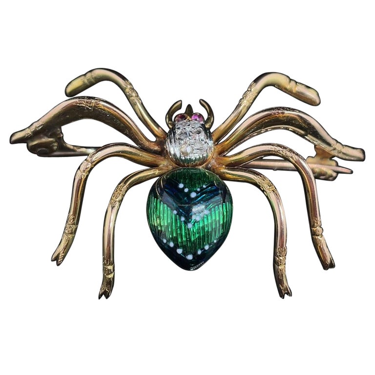 Vintage Enamel Diamond and Ruby Spider Brooch Pin in 15 Karat Yellow ...