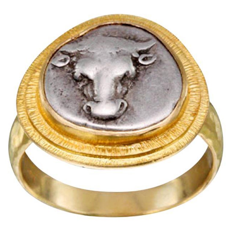 Ancient Greek 5th Century BC Bull Coin Mens 18K Ring at 1stDibs