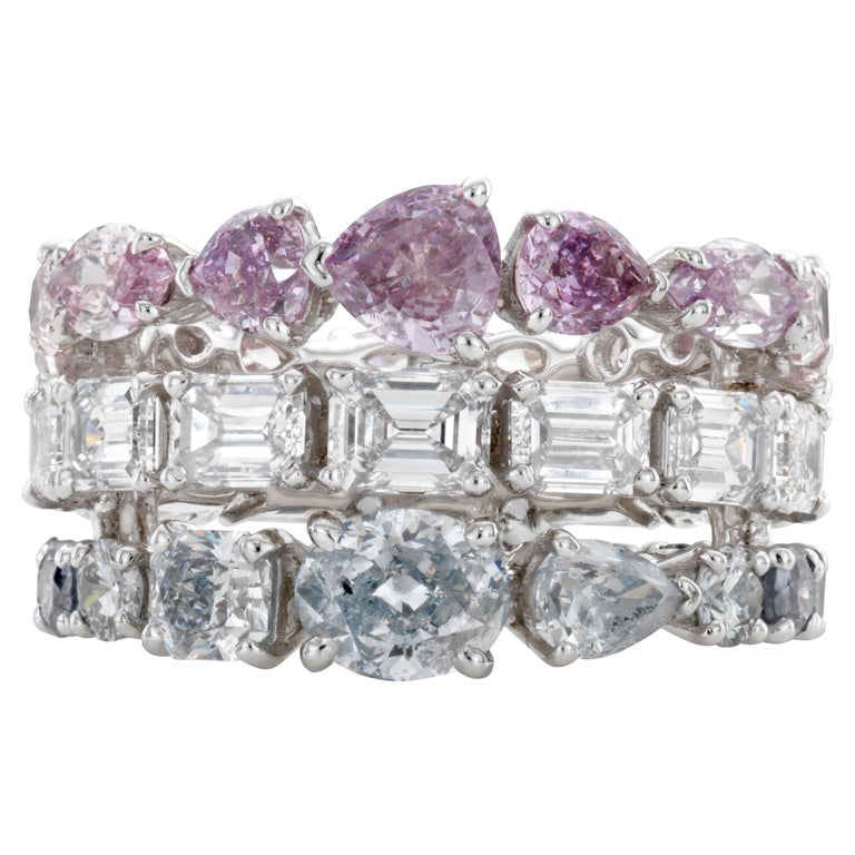 White, Blue and Pink Diamond Ring Set in 18K White Gold For Sale at 1stDibs