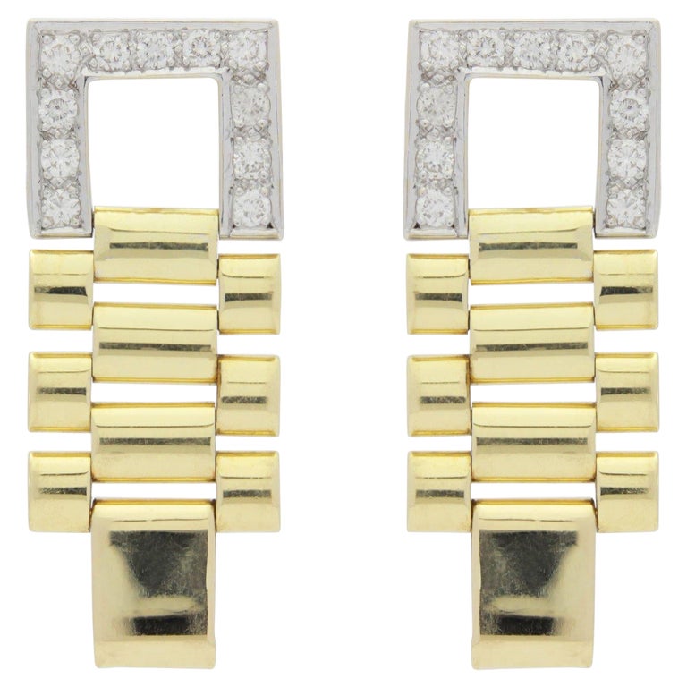14 Karat Yellow Gold Rolex Style Link Diamond Drop Earrings For Sale at ...