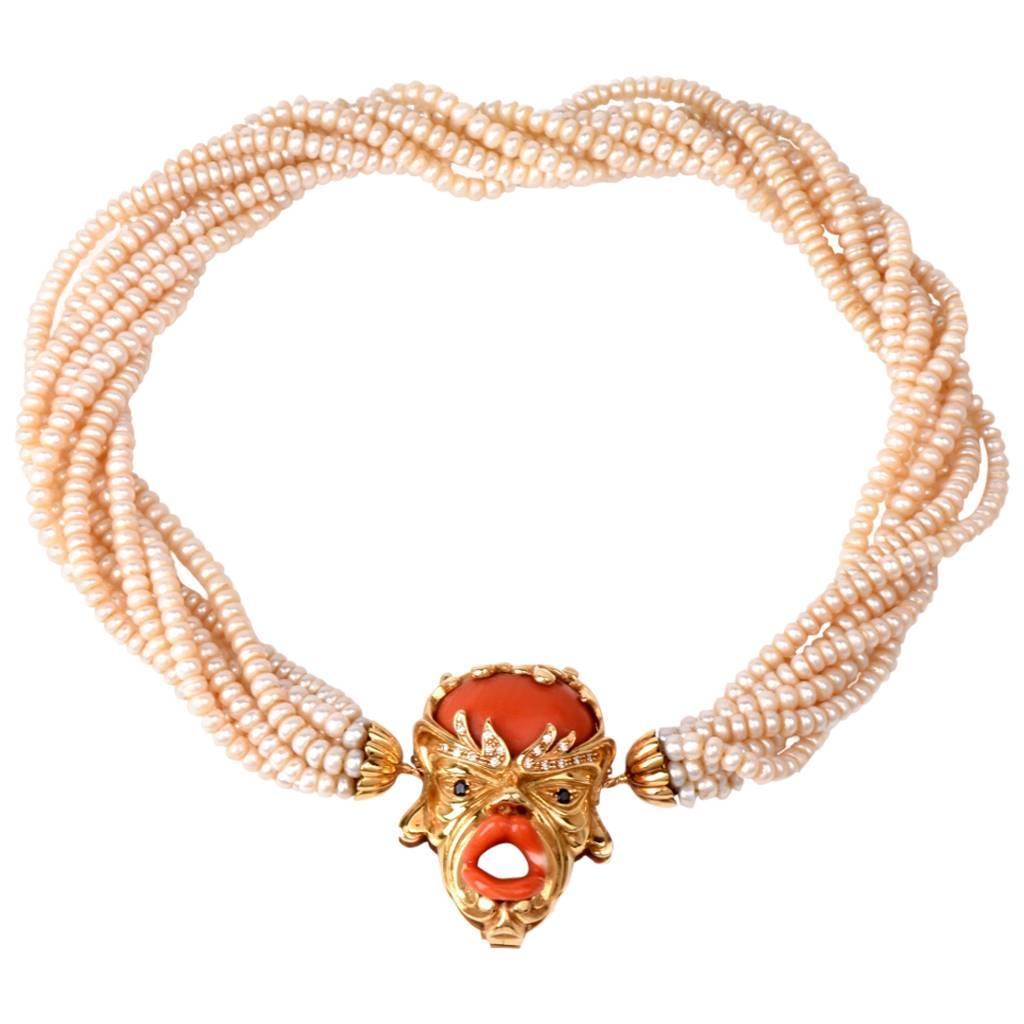 Coral Diamond Gold Necklace with Pendant and Pin Brooch at 1stdibs
