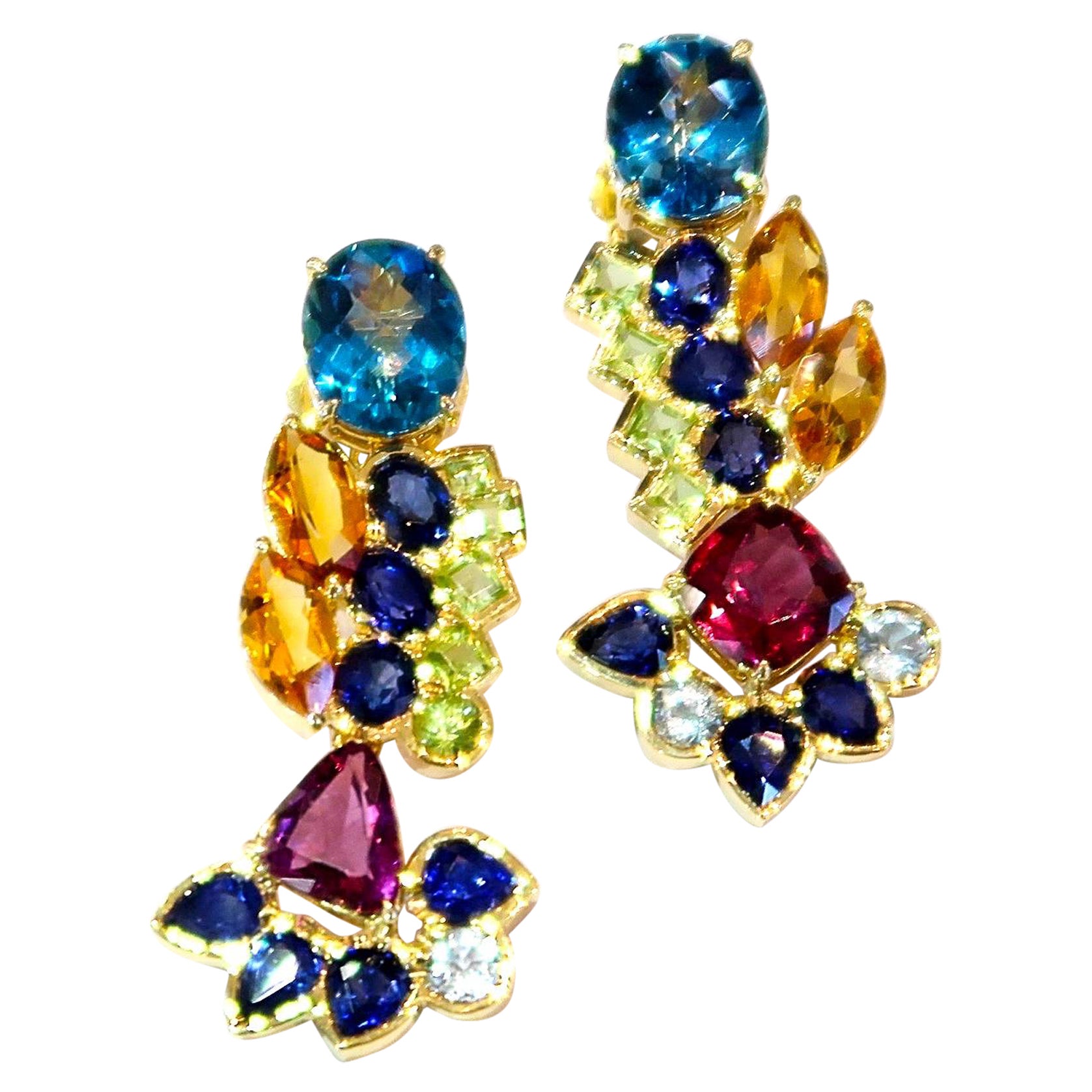 Multi-Color Sapphire Diamond Gold Earrings at 1stDibs