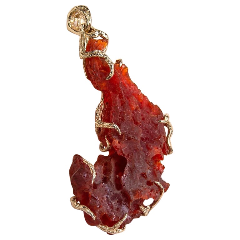 Fire Opal Gold Pendant Natural Mexican Gem Raw at 1stDibs