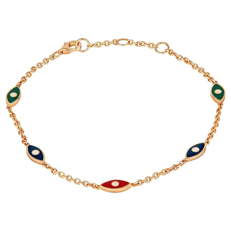 14 Karat Rose Gold Multi Colored Enamel Evil Eye Bracelet For Sale at 1stDibs