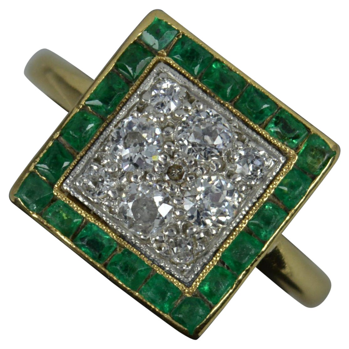 Art Deco 18ct Gold and Platinum Emerald and Diamond Panel Cluster Ring ...