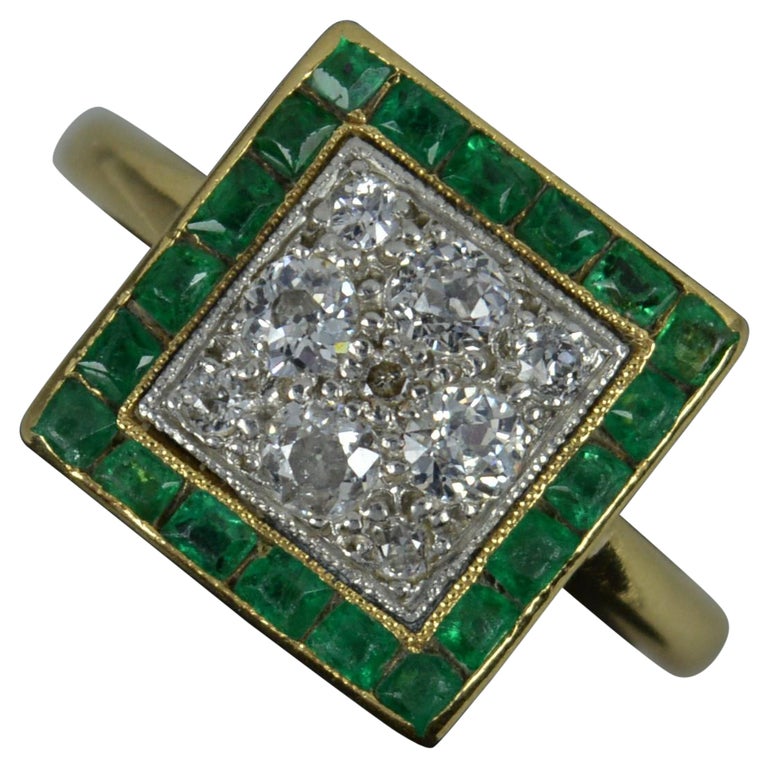 Art Deco 18ct Gold and Platinum Emerald and Diamond Panel Cluster Ring ...