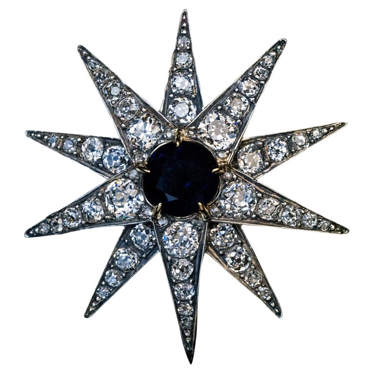 Antique Victorian Sapphire Diamond Star Brooch Pendant For Sale at 1stDibs